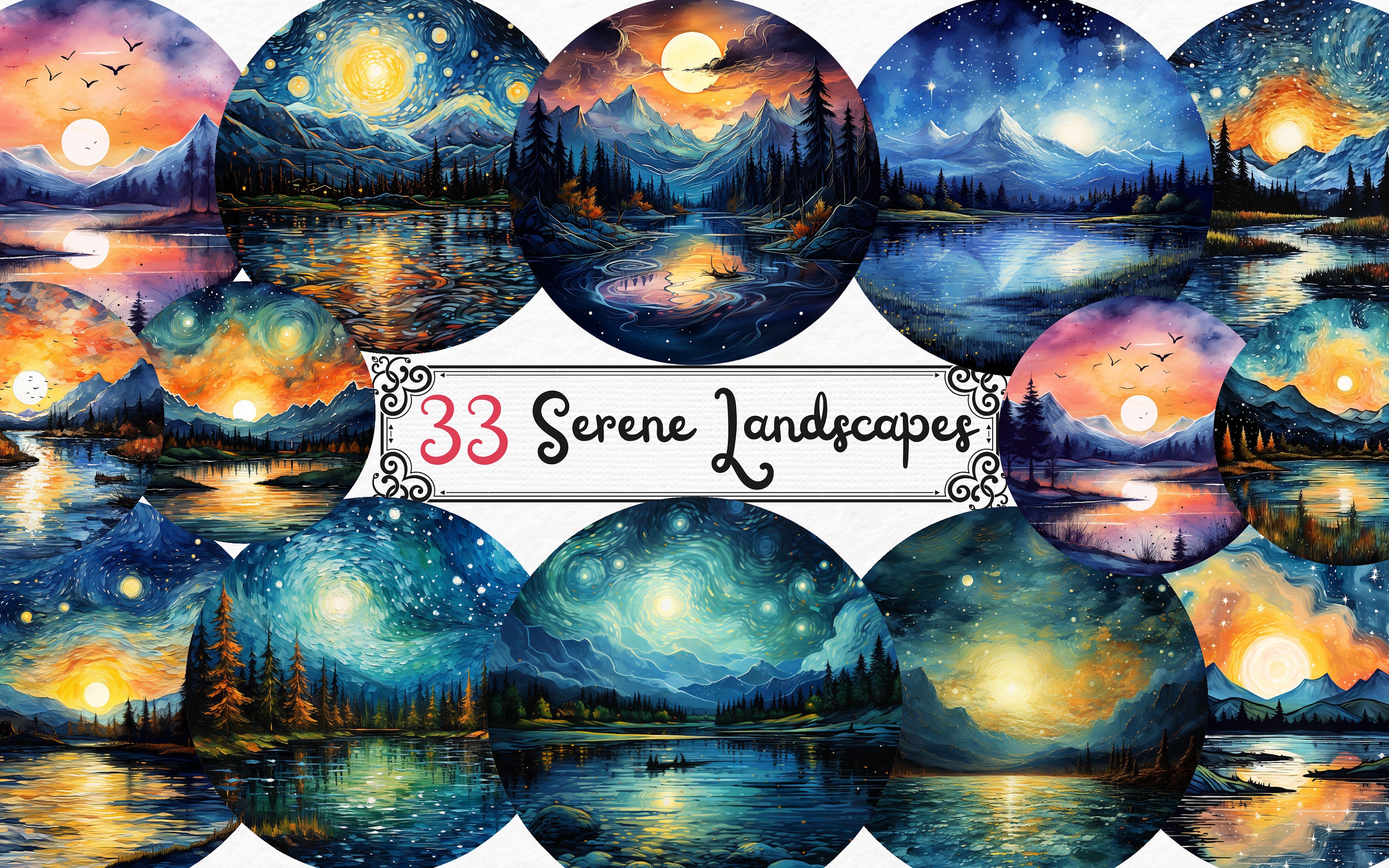 Watercolor Serene Landscape Clipart Wall Art, Digital Graphics, Night ...