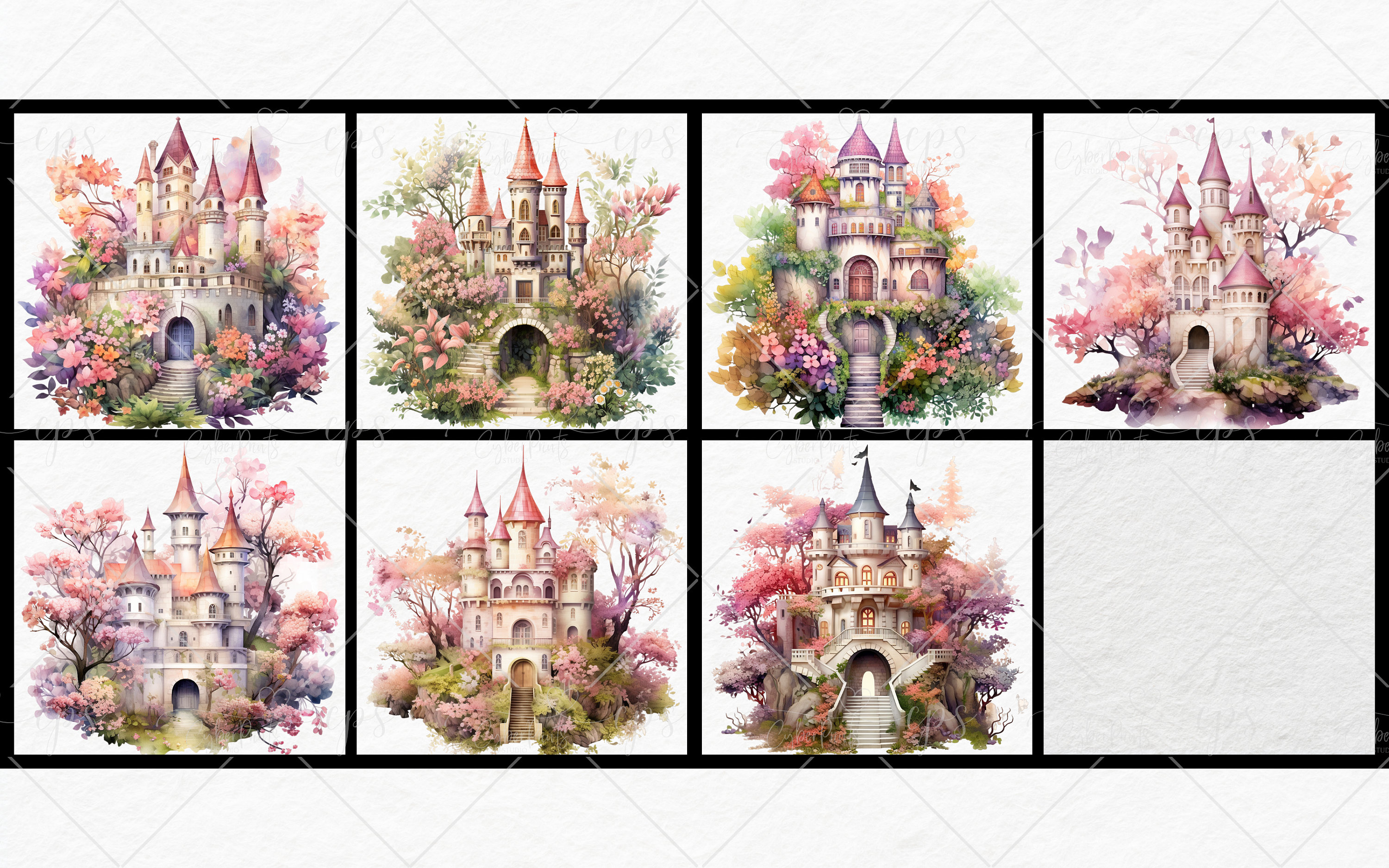 Watercolor Floral Fantasy Castles Clipart Fantasy Castle Night Scenery ...
