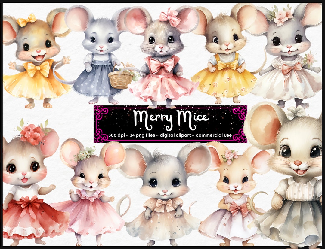 Watercolor Cute Mouse in Dress Clipart, Cartoon PNG, Mouse Clip Art ...