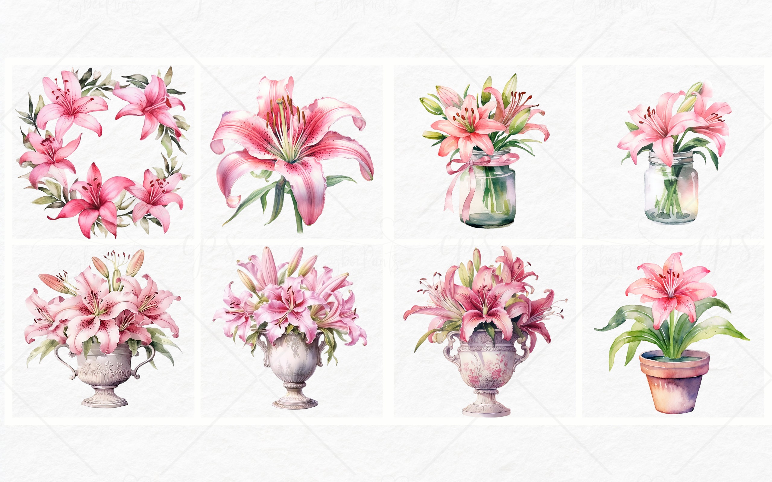 Watercolor Pink Lilly Clipart - Pink Lillies in PNG Format Instant ...