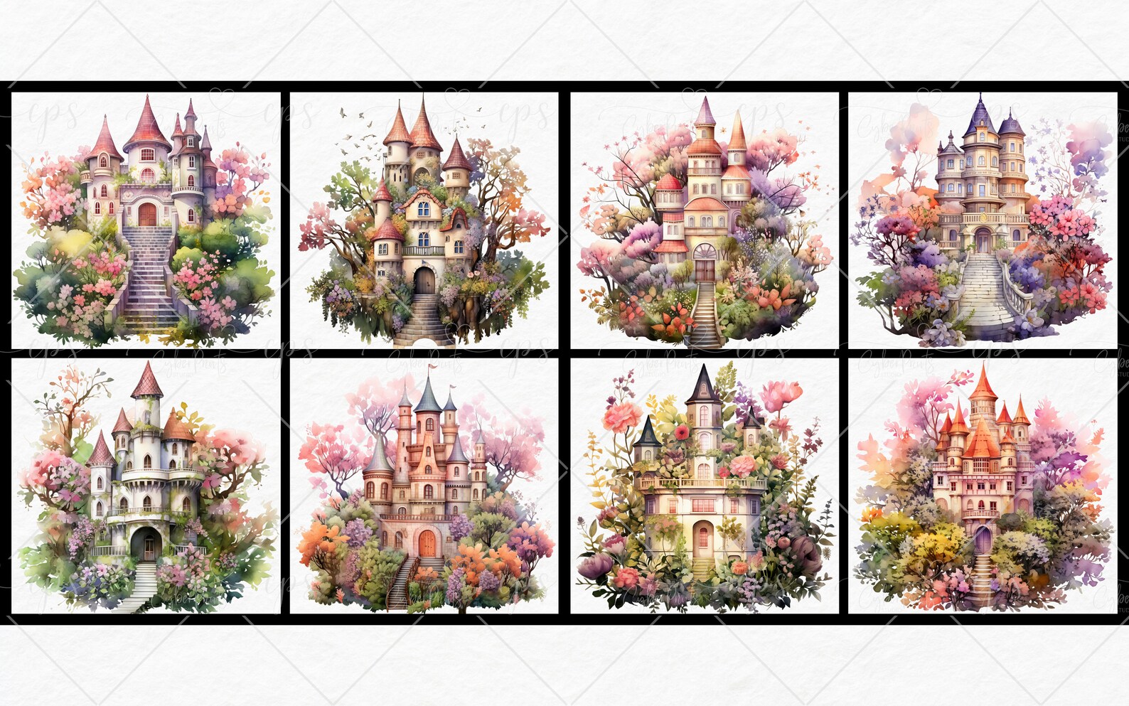 Watercolor Floral Fantasy Castles Clipart - Fantasy Castle Night ...