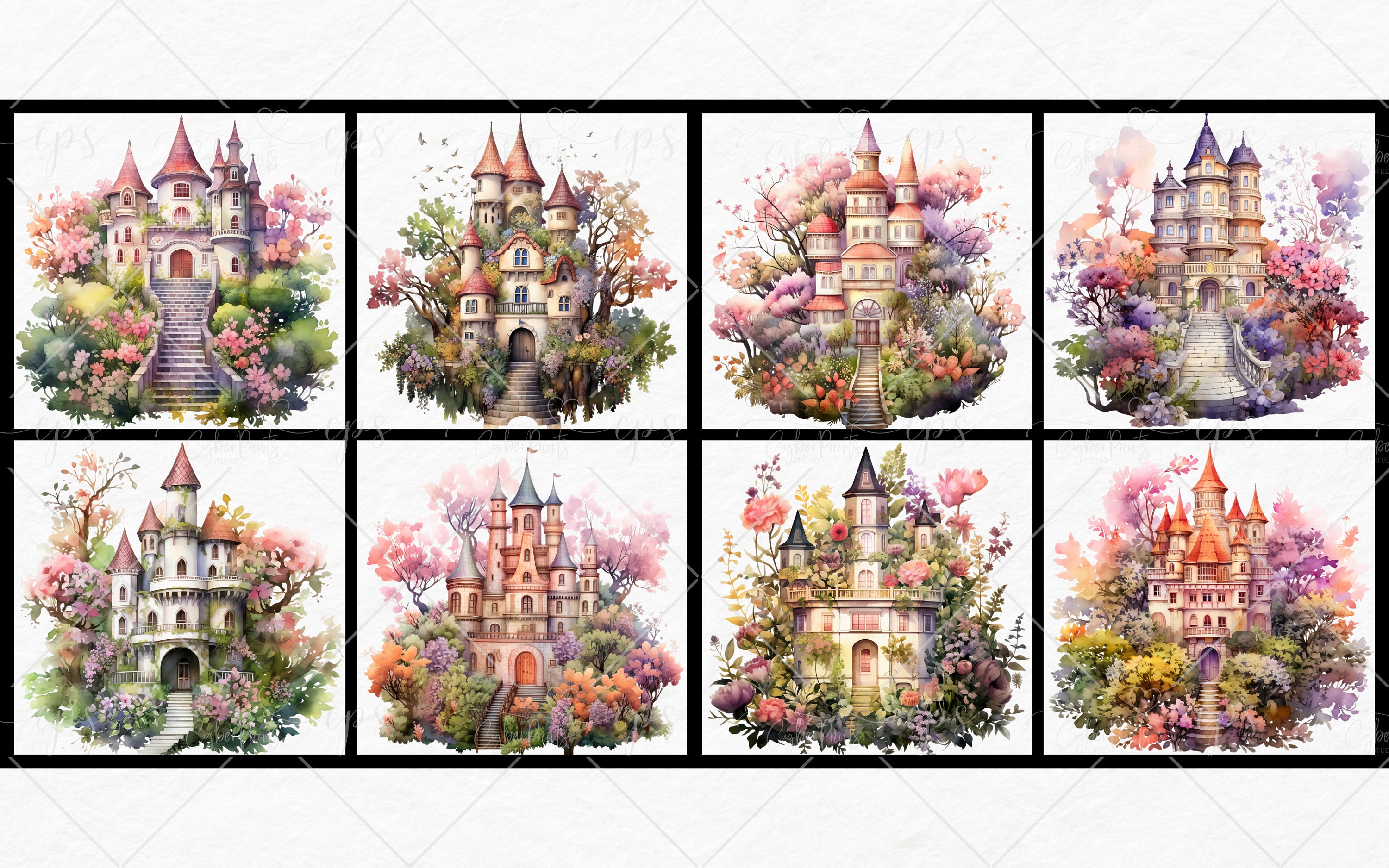 Watercolor Floral Fantasy Castles Clipart Fantasy Castle Night Scenery ...