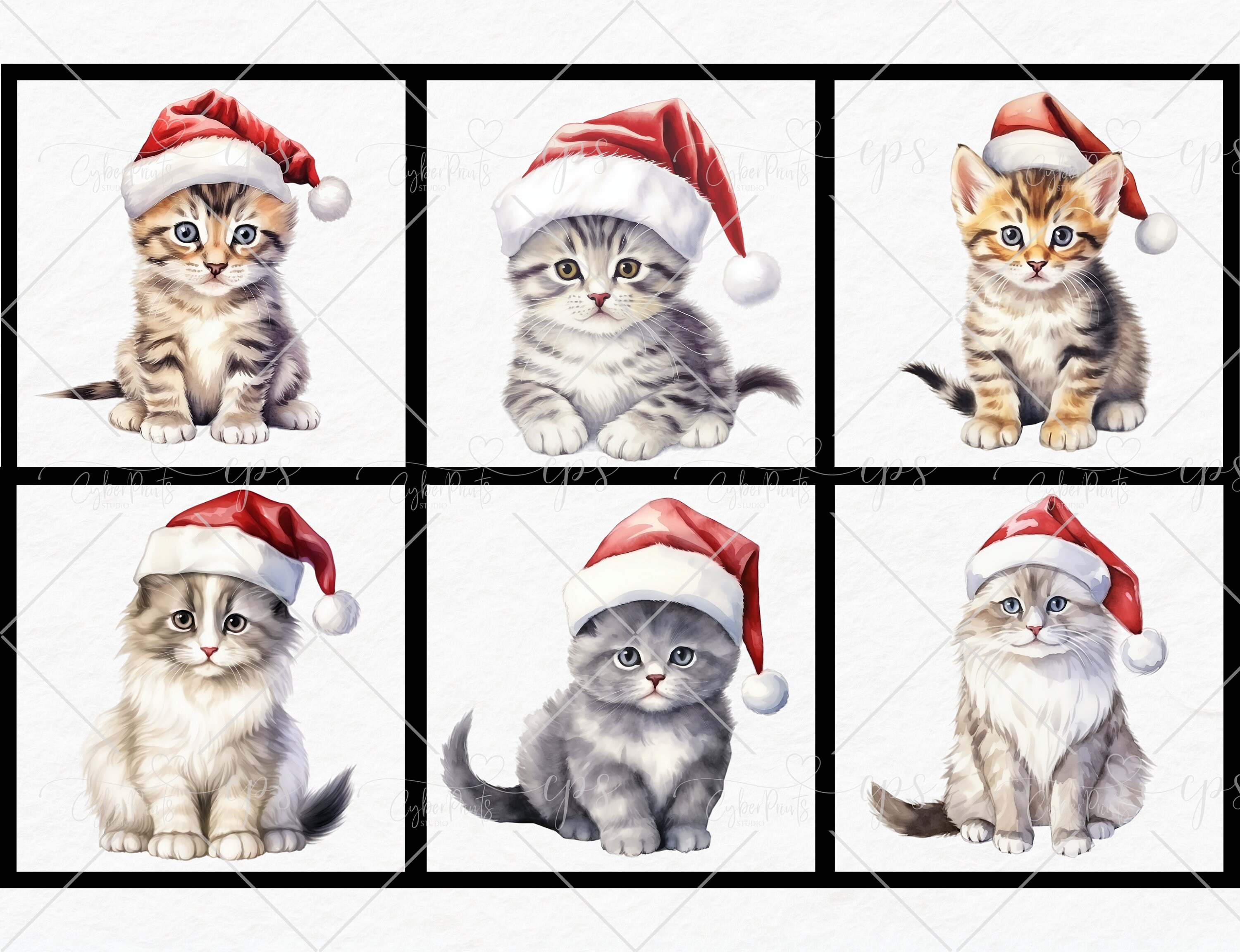 Christmas Cat Clipart Watercolor Kittens Santa Hat Winter - Etsy