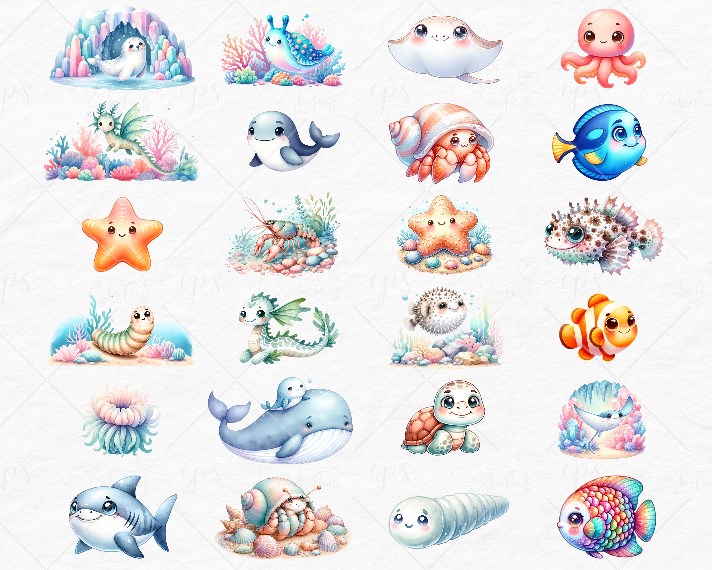 Sea Animals Watercolor Clipart Bundle - 238 PNG Cute Marine Animal ...