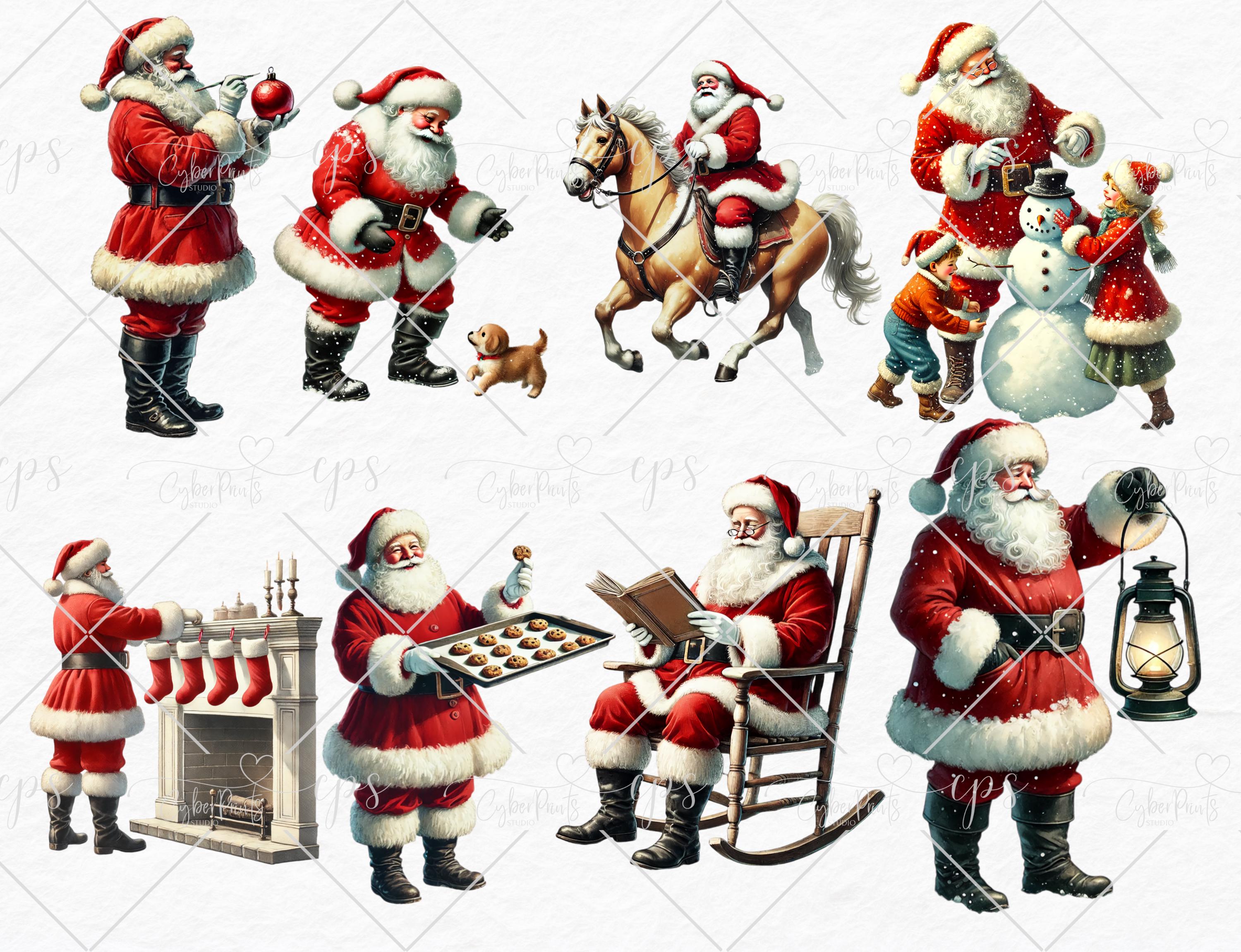 Watercolor Vintage Santa Clipart, Retro Christmas Art, Holiday PNG Set ...