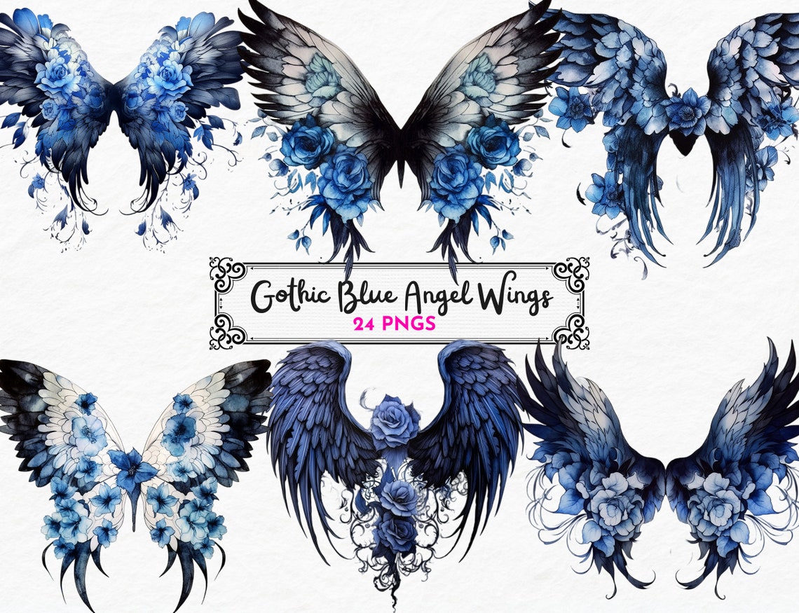 Gothic Floral Angel Wings Clipart, Watercolor Clipart, Feather Wings ...
