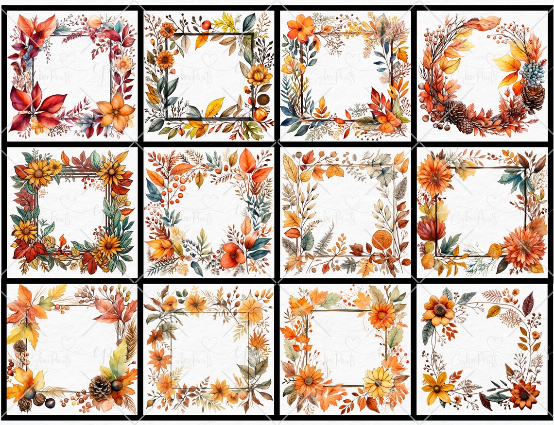 Autumn Frames Watercolor Clipart Bundle PNG Fall Flowers Frame Images ...