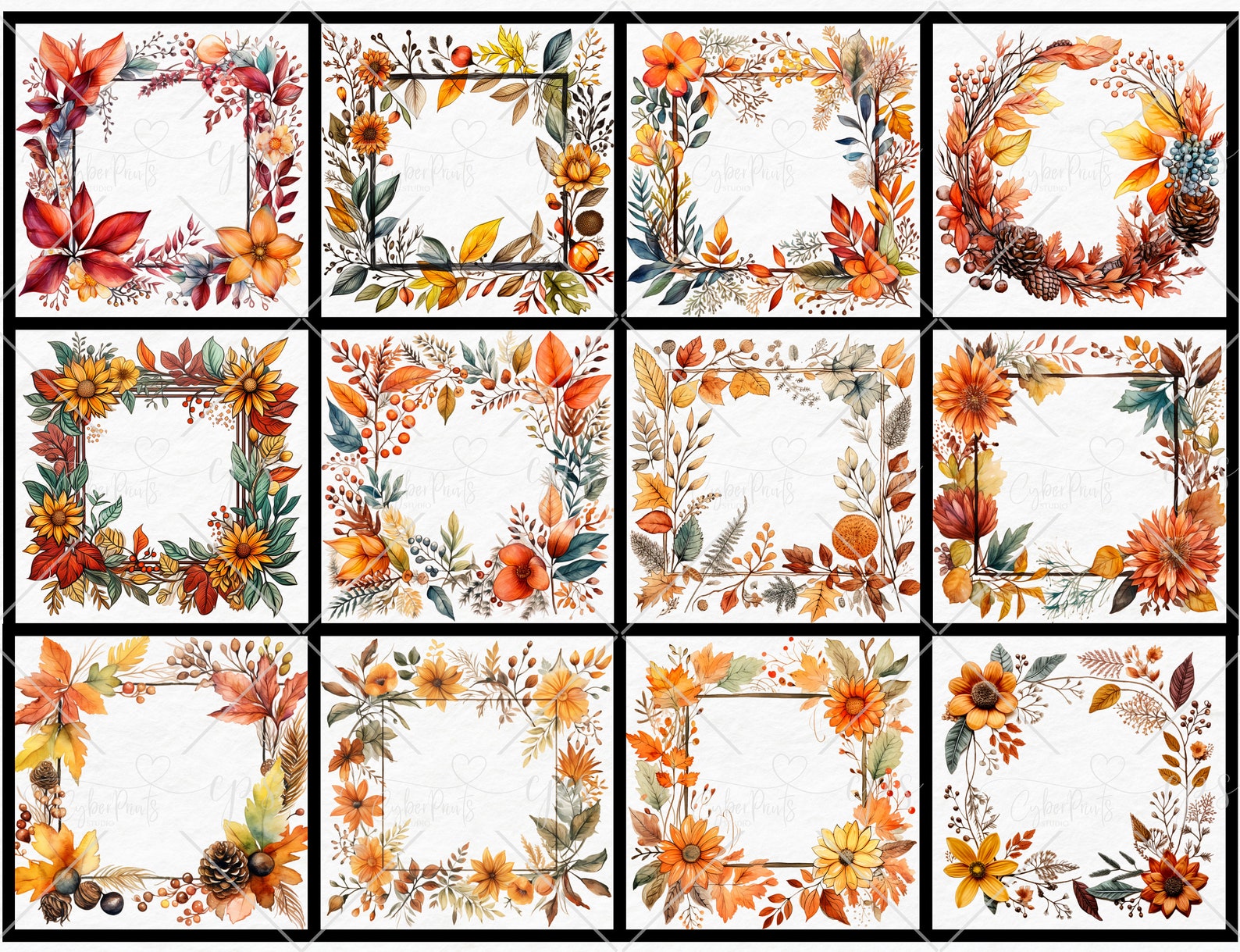 Autumn Frames Watercolor Clipart Bundle PNG Fall Flowers Frame - Etsy