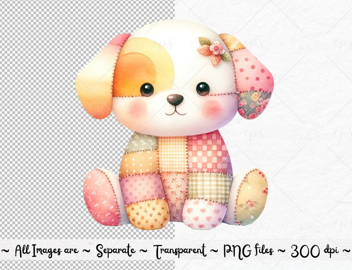 Patchwork PNG Quilted Puppy, Stuffed Animal, Nursery Art, Cute Adorable ...