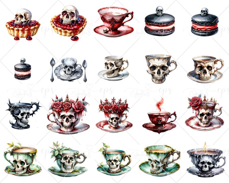 Gothic Skull Tea Clipart Bundle - 79 Watercolor Pngs of Skulls, Teacups ...