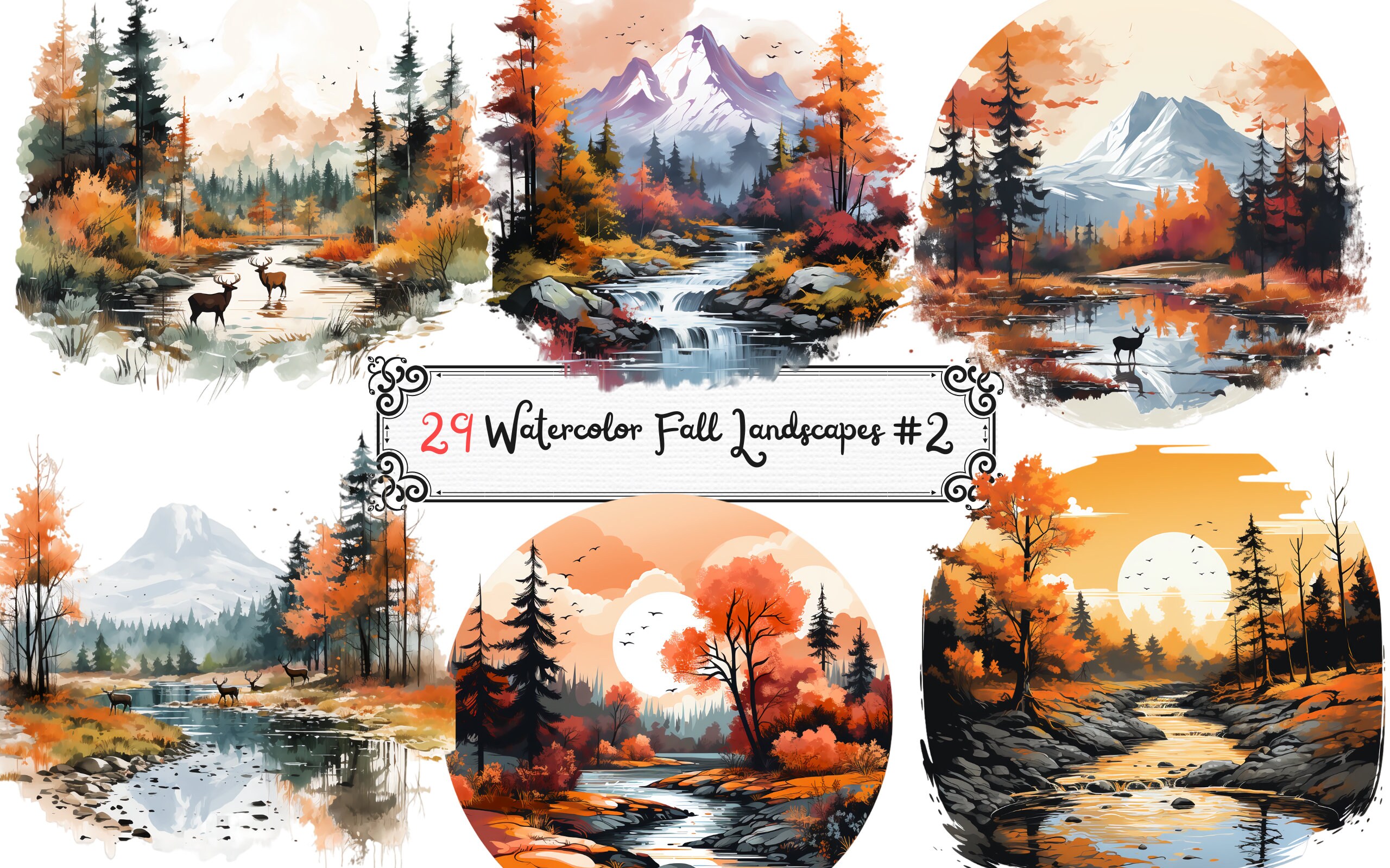 Watercolor Autumn Clipart, Fall Landscape Png Instant Download, Fall ...