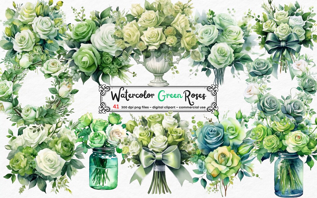 Watercolor Green Roses Clipart - Roses in PNG Format Instant Download ...