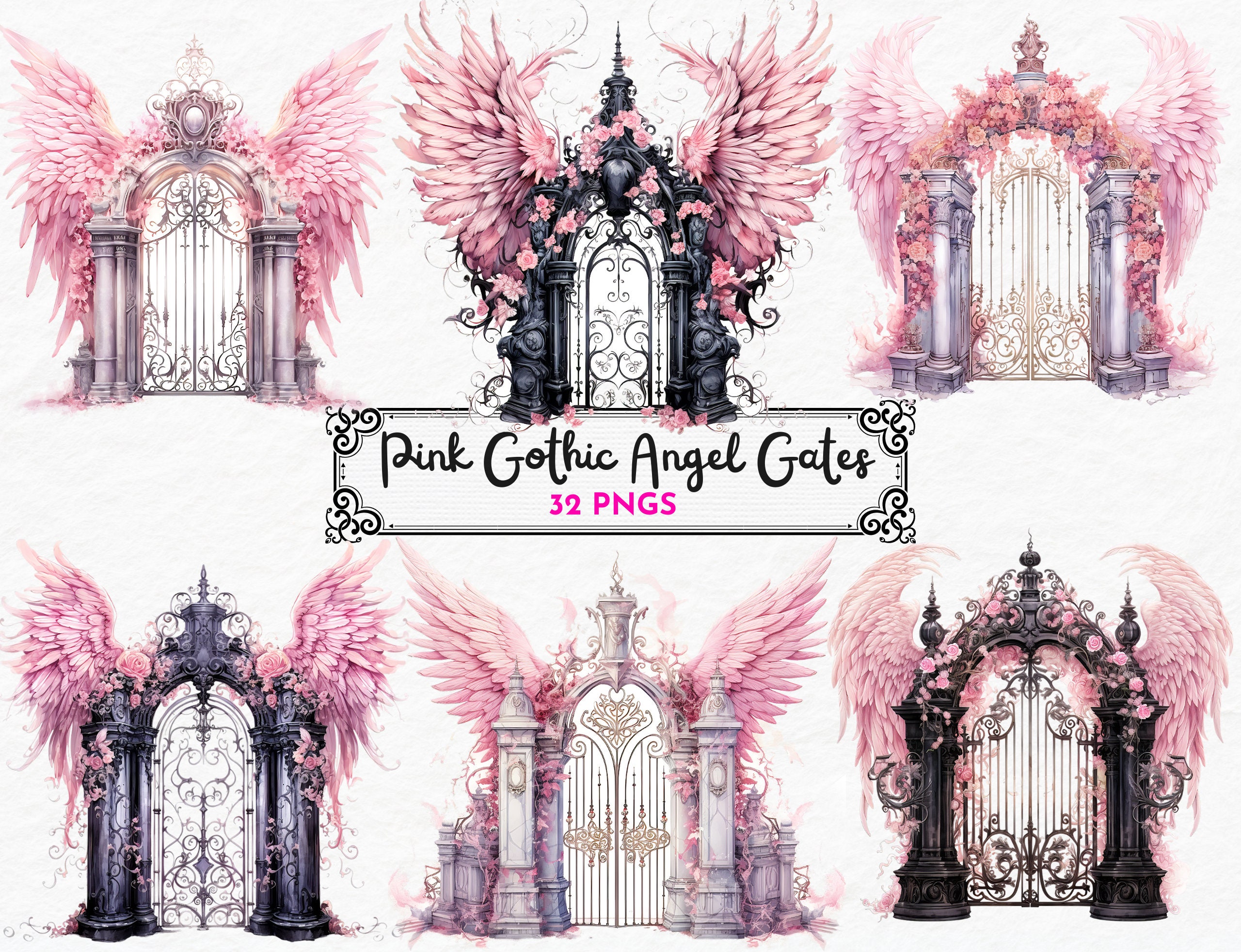 Pink Gothic Angel Gates Clipart Ethereal Doors Fantasy - Etsy