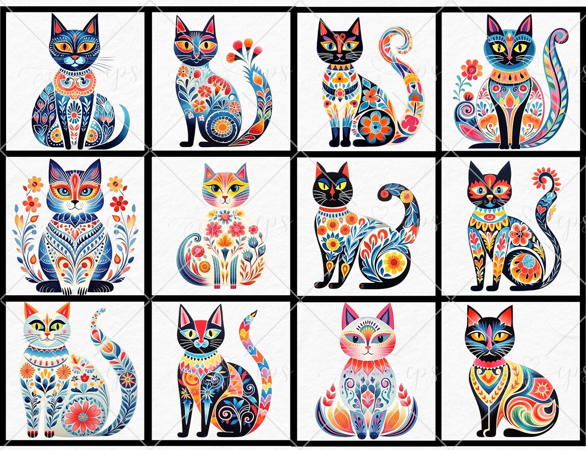 Vibrant Catclipart, Colorful Cat PNG, Detailed Cat, Floral Kitten PNG ...