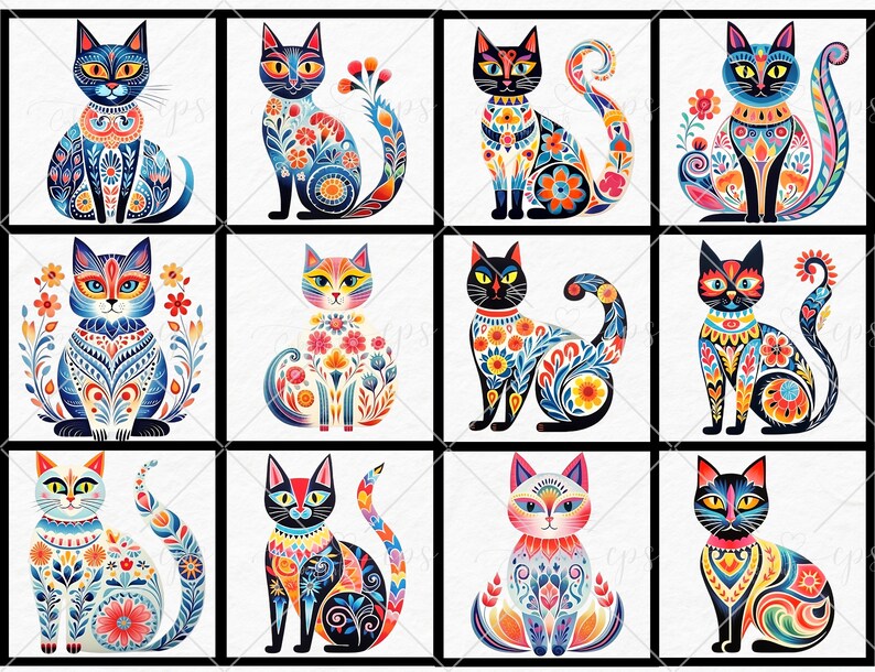 Vibrant Catclipart, Colorful Cat PNG, Detailed Cat, Floral Kitten PNG ...