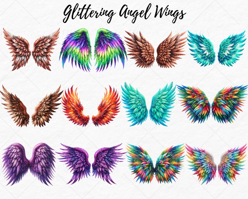 Glittering Angel Wings Clipart, Glitter Watercolor Clipart, Feather ...