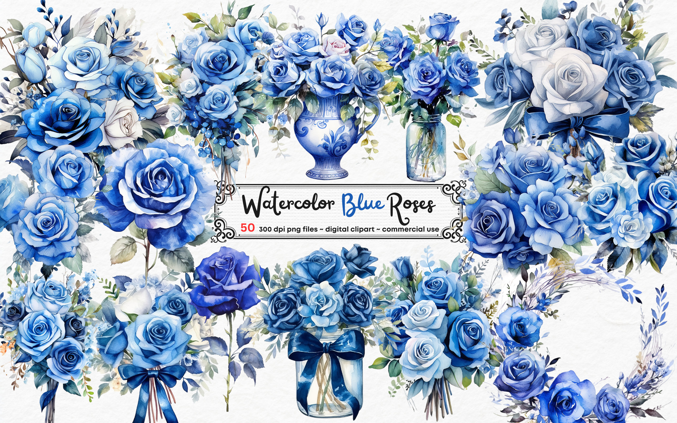 Watercolor Blue Roses Clipart Roses in PNG Format Instant Download for ...