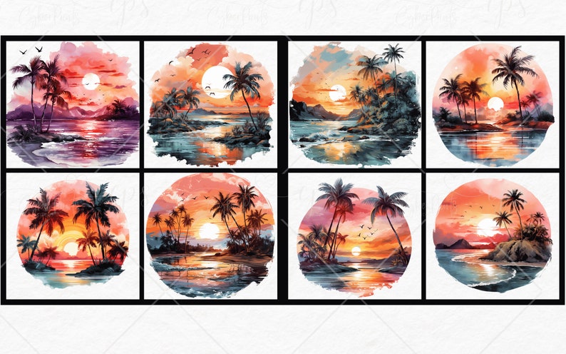 Watercolor Tropical Sunsets Clipart Wall Art, Digital Graphics, Beach ...