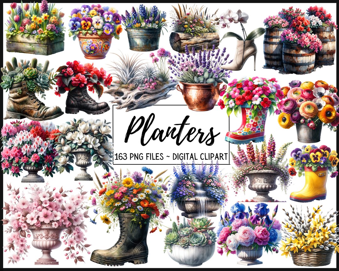 Spring Planters Watercolor Clipart Bundle - 163 PNG Flowers Planter ...