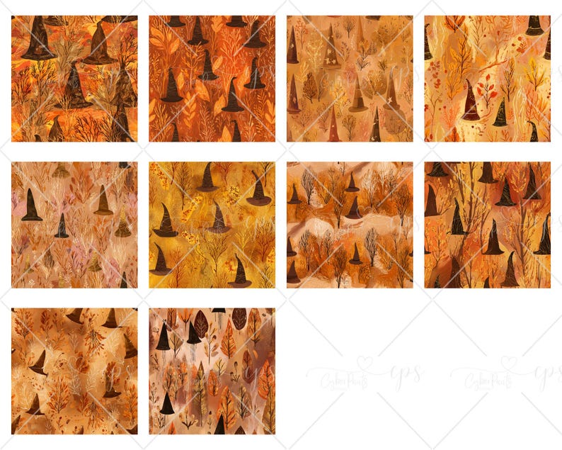 Autumn Witch Hat Digital Paper Bundle – 50 Seamless Halloween Forest ...
