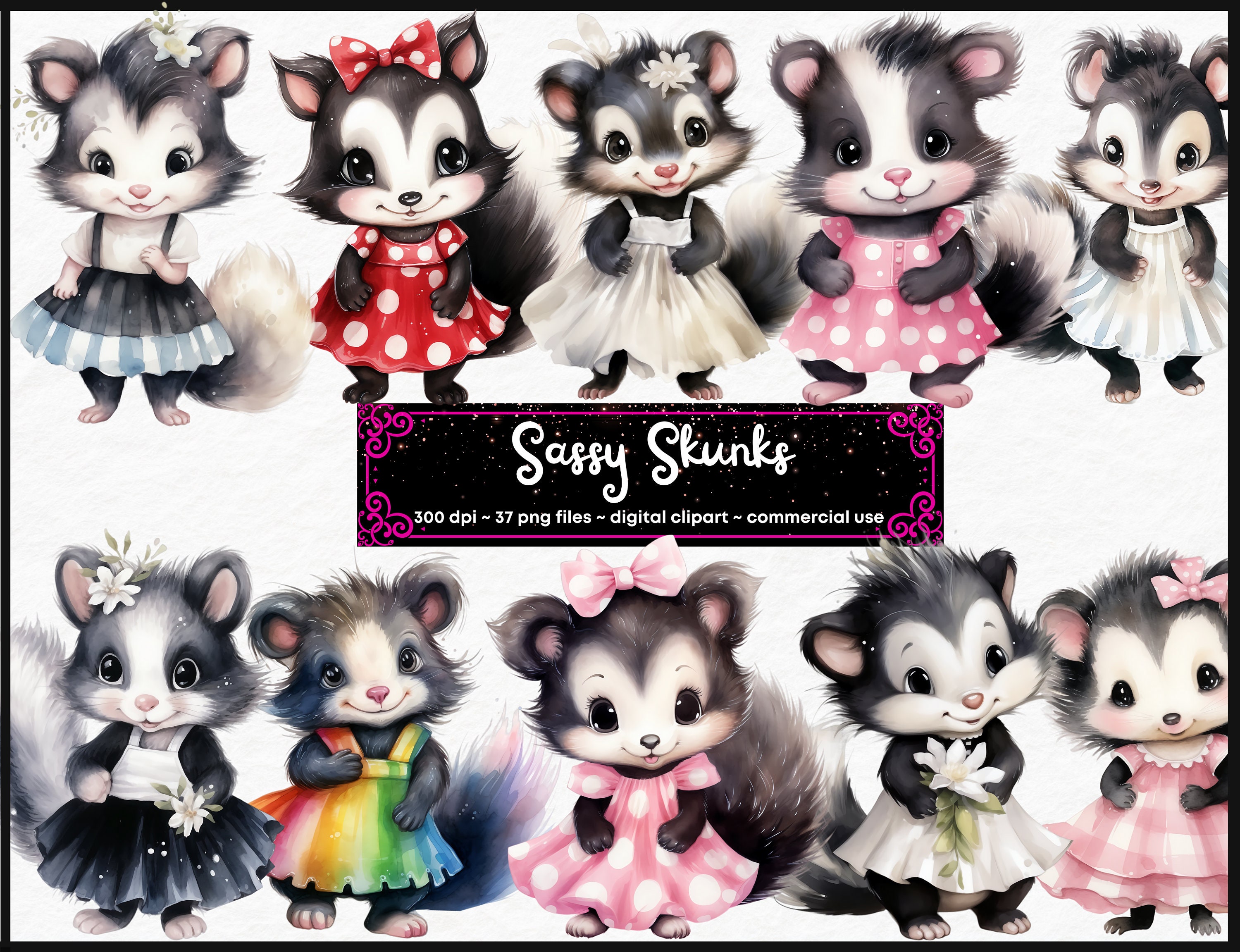 Cute Skunk Watercolor Clipart Skunk Flowers PNG Commercial Use Forest ...