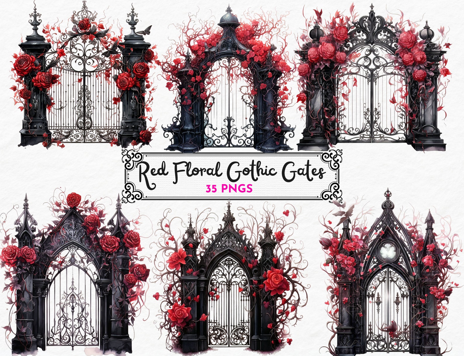 Red Floral Gothic Gates Clipart - Gothicl Doors, Fantasy Watercolor PNG ...