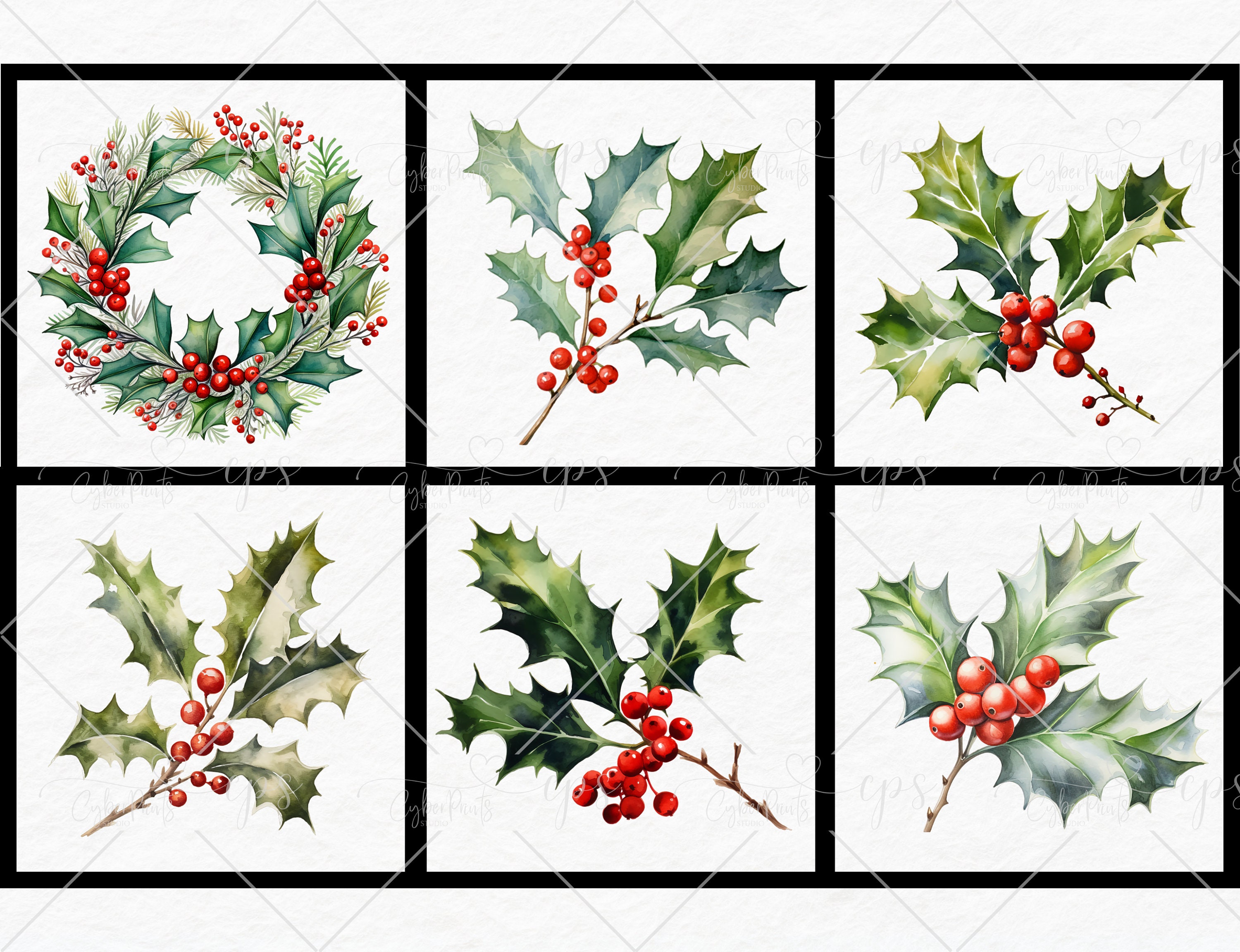 Watercolor Holly Clipart - Winter Botanical Clip Art in PNG Format ...