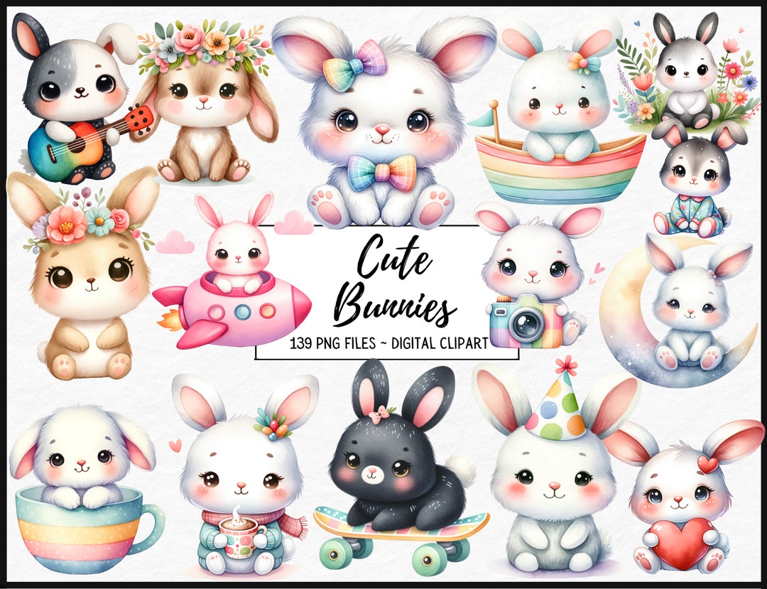 Bunnies Watercolor Clipart Bundle - 139 PNG Cute Adorable Bunny Images ...