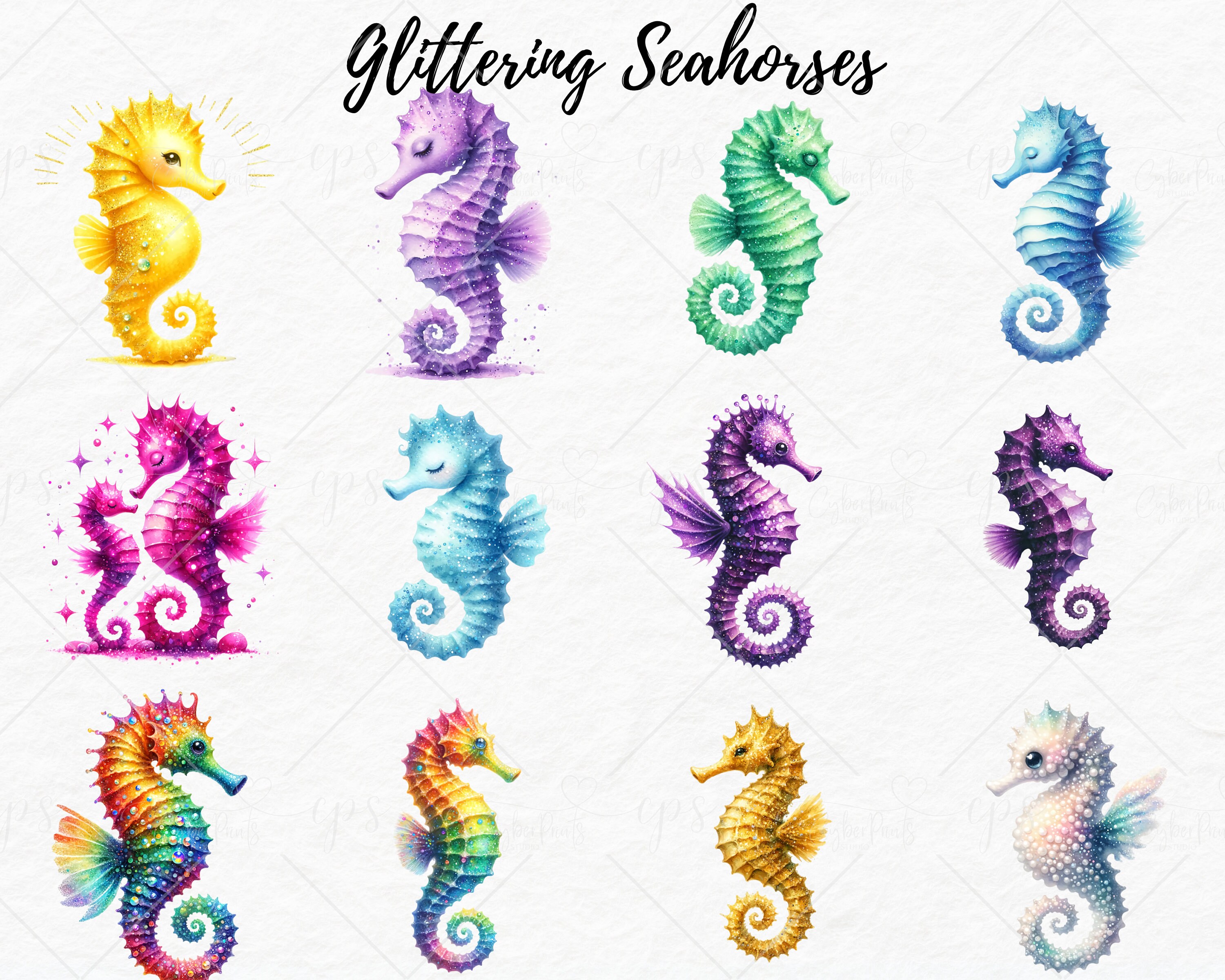 Watercolor Seahorse Clipart, Glittering Seahorse, Cute Nautical Ocean ...