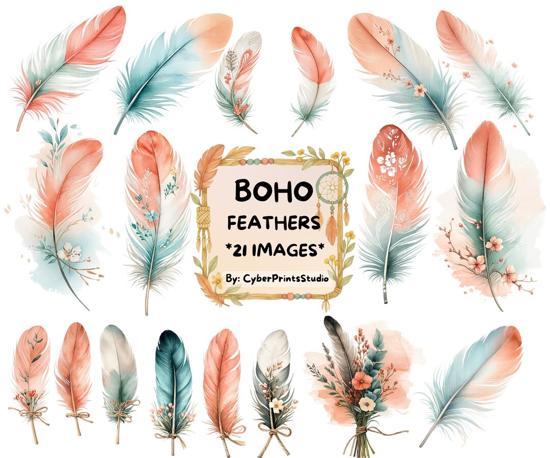 Boho Feather Clipart Bundle - 21 Watercolor PNG Plumes With Floral ...