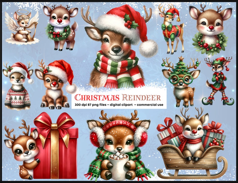 Christmas Cute Reindeer Clipart, Winter Holidays Baby Animals Clipart ...