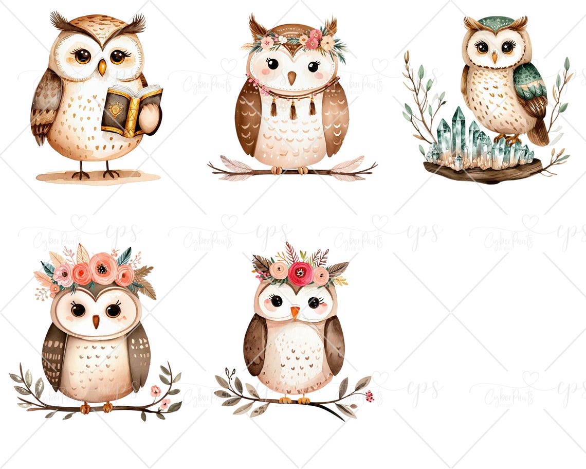 Boho Owl Clipart Bundle - 25 Watercolor PNG Owls With Floral Wreaths ...