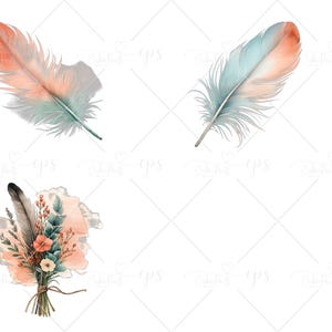 Boho Feather Clipart Bundle - 21 Watercolor PNG Plumes With Floral ...