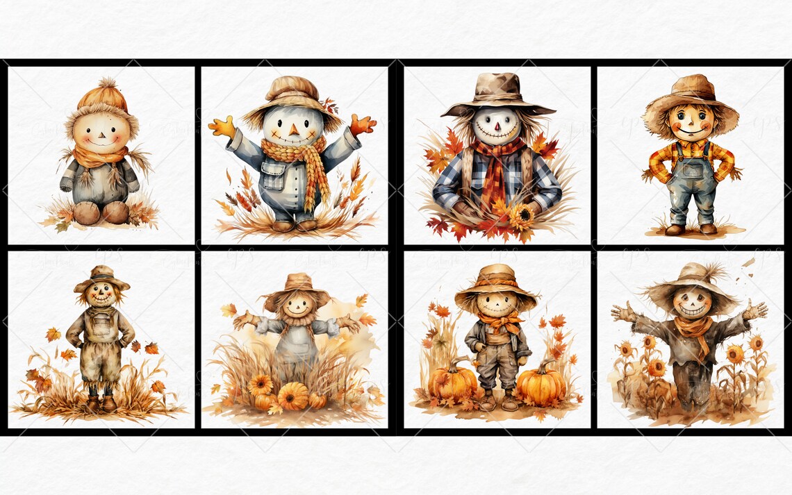 Watercolor Scarecrow Clipart Bundle Halloween PNG Digital - Etsy