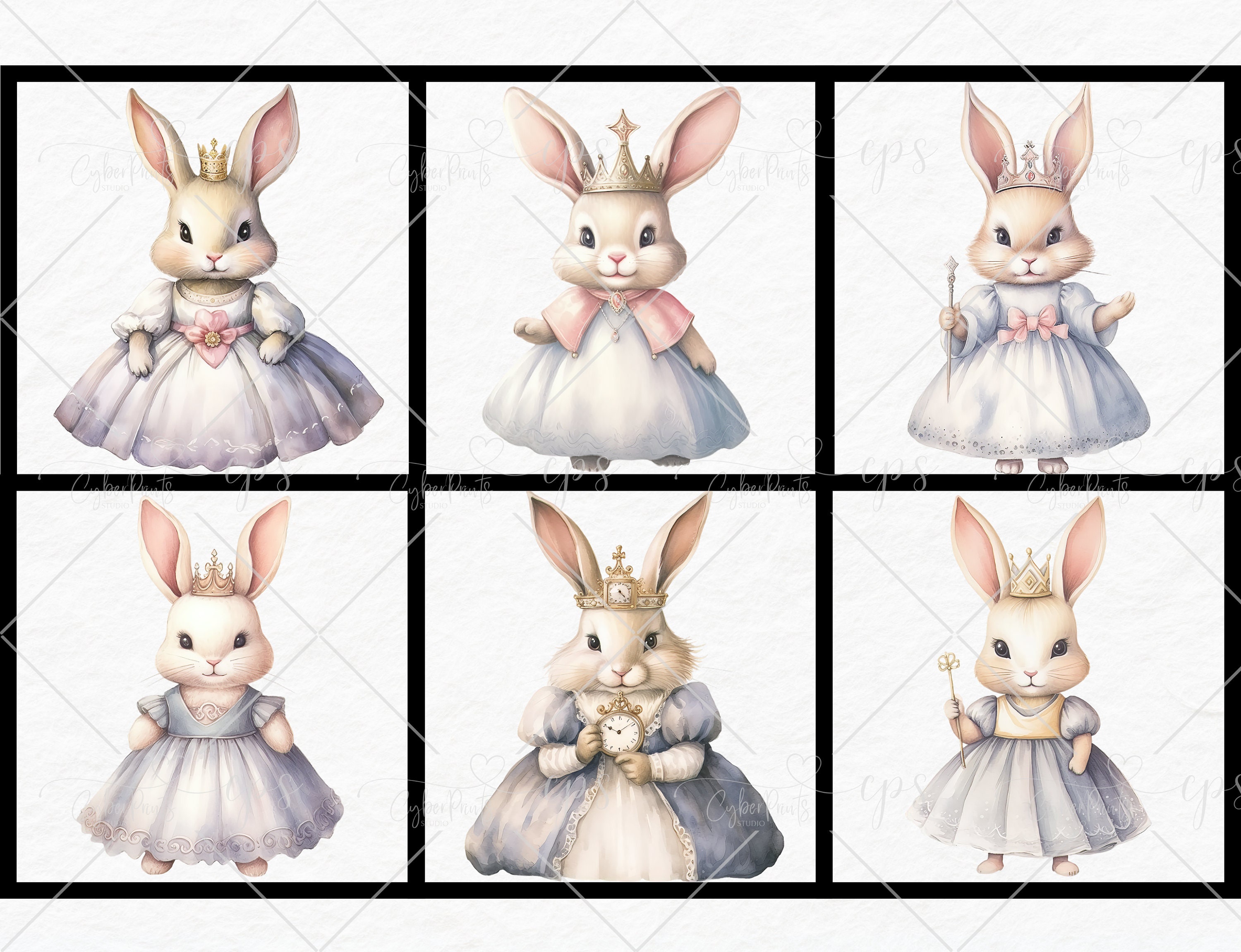 Princess Bunnies Watercolor Clipart Png Rabbit Bunny Png - Etsy