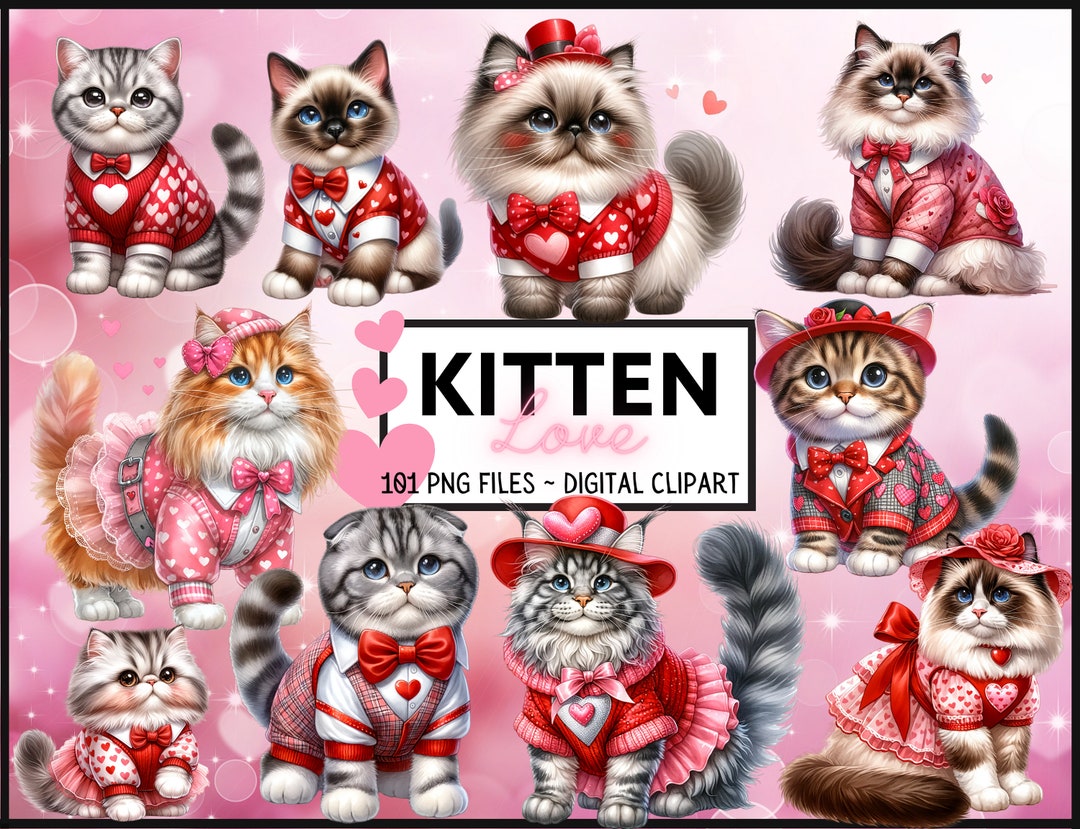 Valentine Cat Clipart Bundle - Kitten Sublimation Bundle for Valentines ...