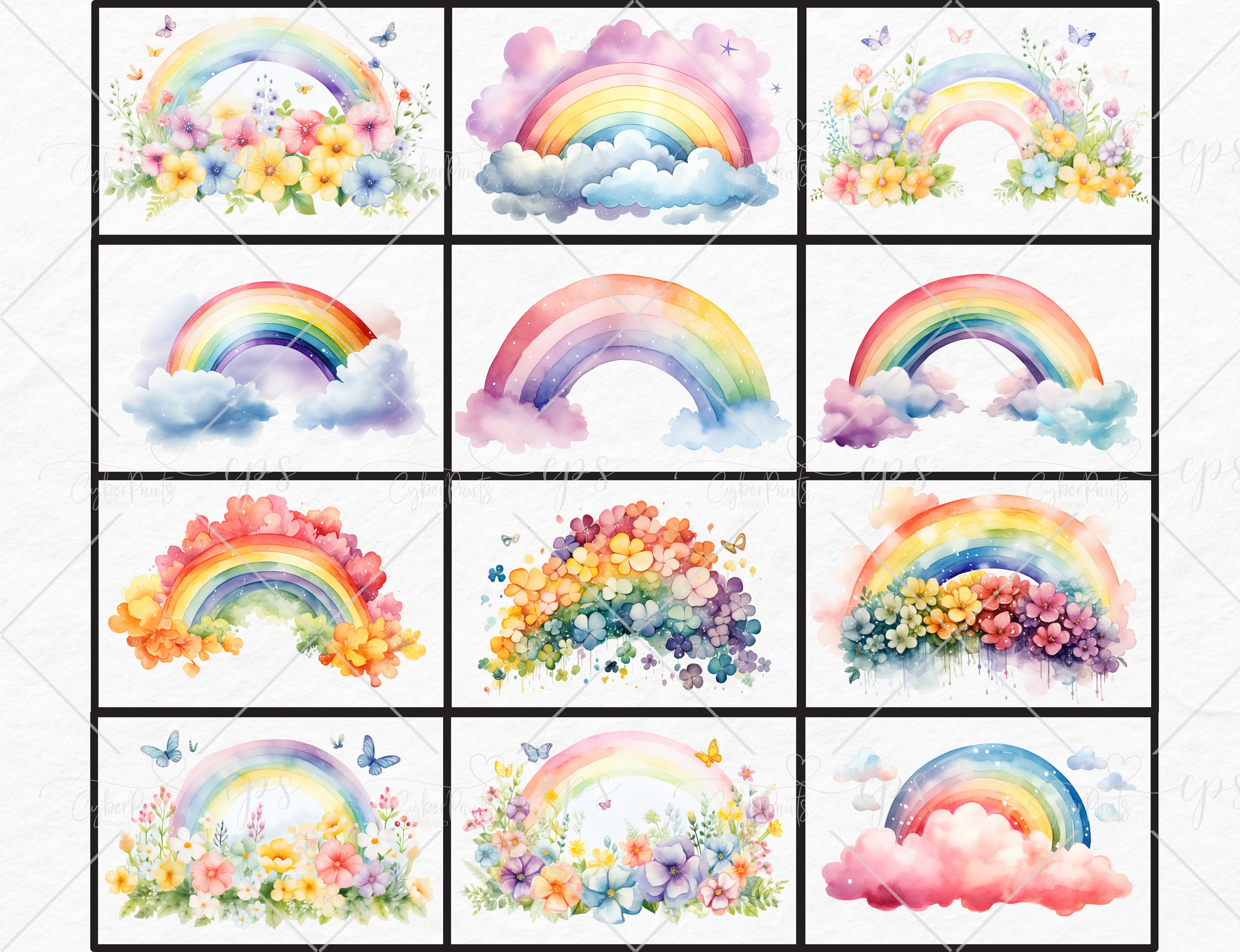 Watercolor Rainbow Clipart Pack Baby Shower Clip Art Transparent Pngs ...
