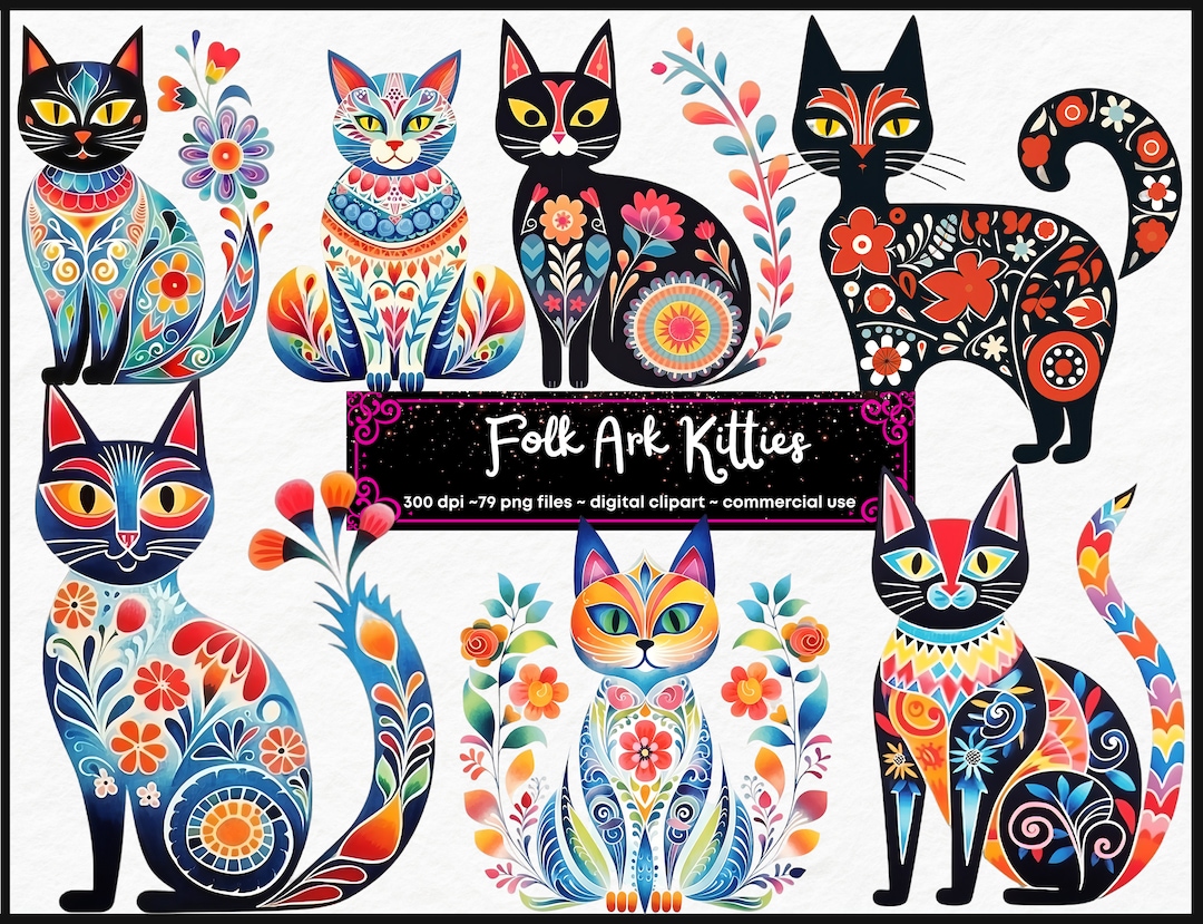 Vibrant Catclipart, Colorful Cat PNG, Detailed Cat, Floral Kitten PNG ...