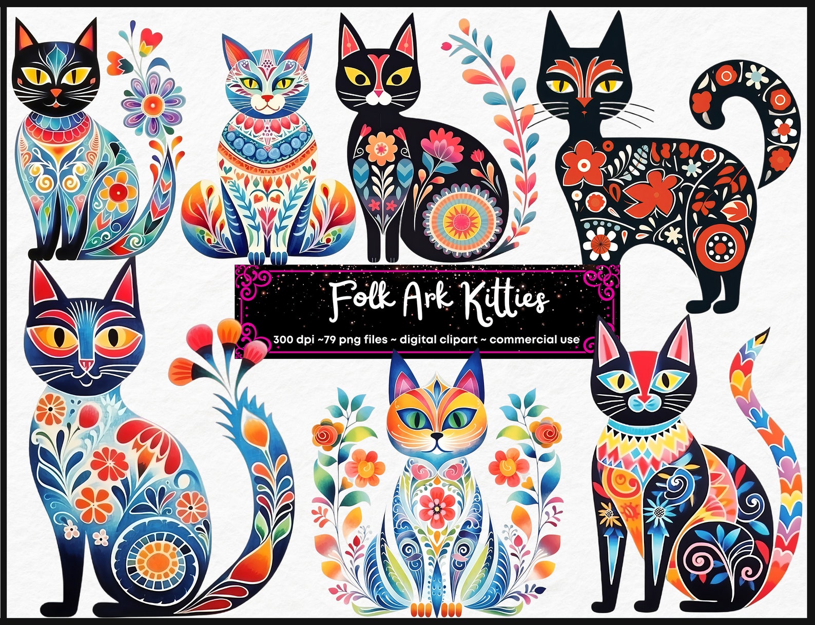 Vibrant Catclipart, Colorful Cat PNG, Detailed Cat, Floral Kitten PNG ...
