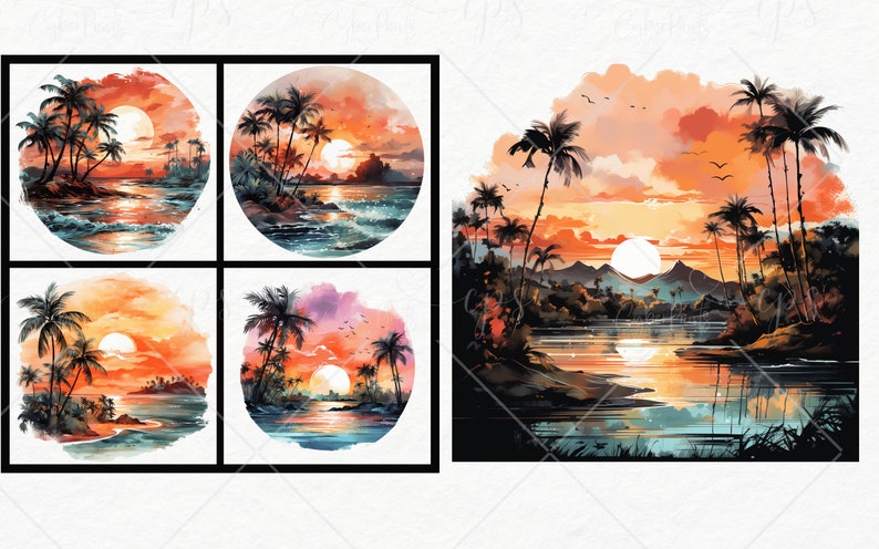 Watercolor Tropical Sunsets Clipart Wall Art, Digital Graphics, Beach ...