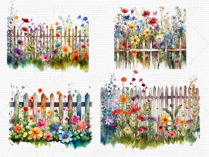Watercolor Garden Fence Clipart, Spring Flowers PNG, Instant Download ...