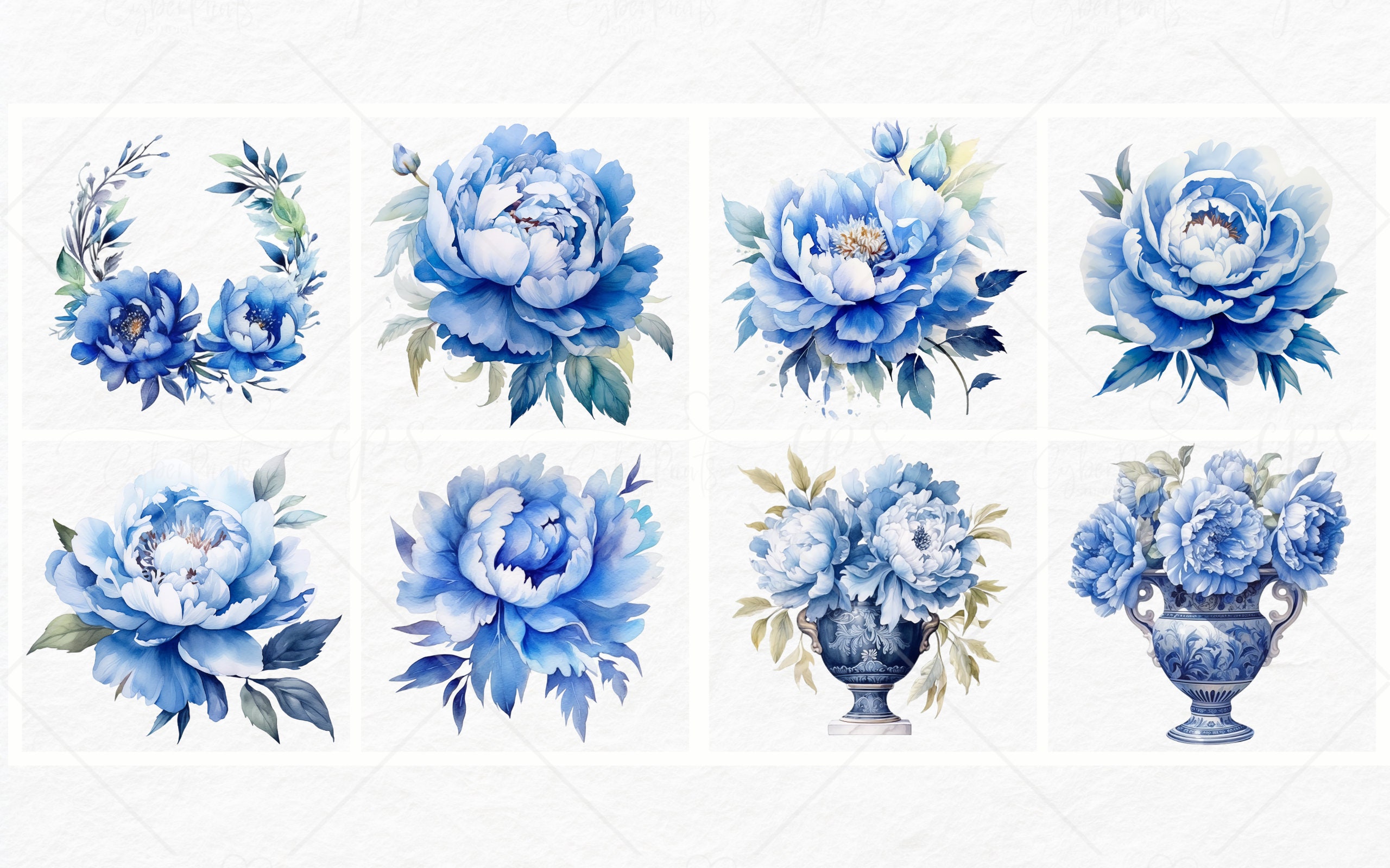 Watercolor Blue Peony Clipart Peonies in PNG Format Instant Download ...