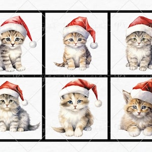 Christmas Cat Clipart, Watercolor Kittens, Santa Hat, Winter Clipart ...