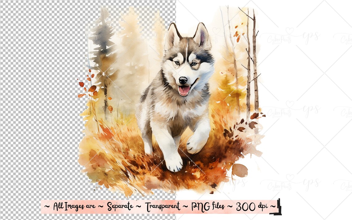 Watercolor Husky in Autumn Autumn Husky Fall Husky Husky - Etsy