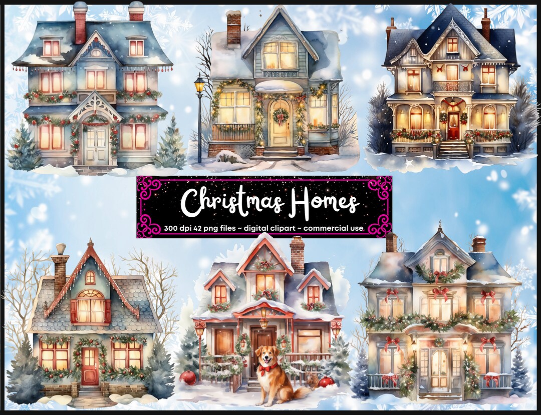 Watercolor Christmas House - Winter Houses With Christmas Decoration ...