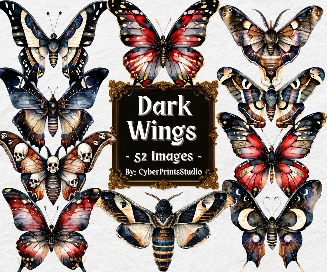 Dark Butterfly and Moth Clipart Bundle - 52 Gothic Watercolor Insects ...