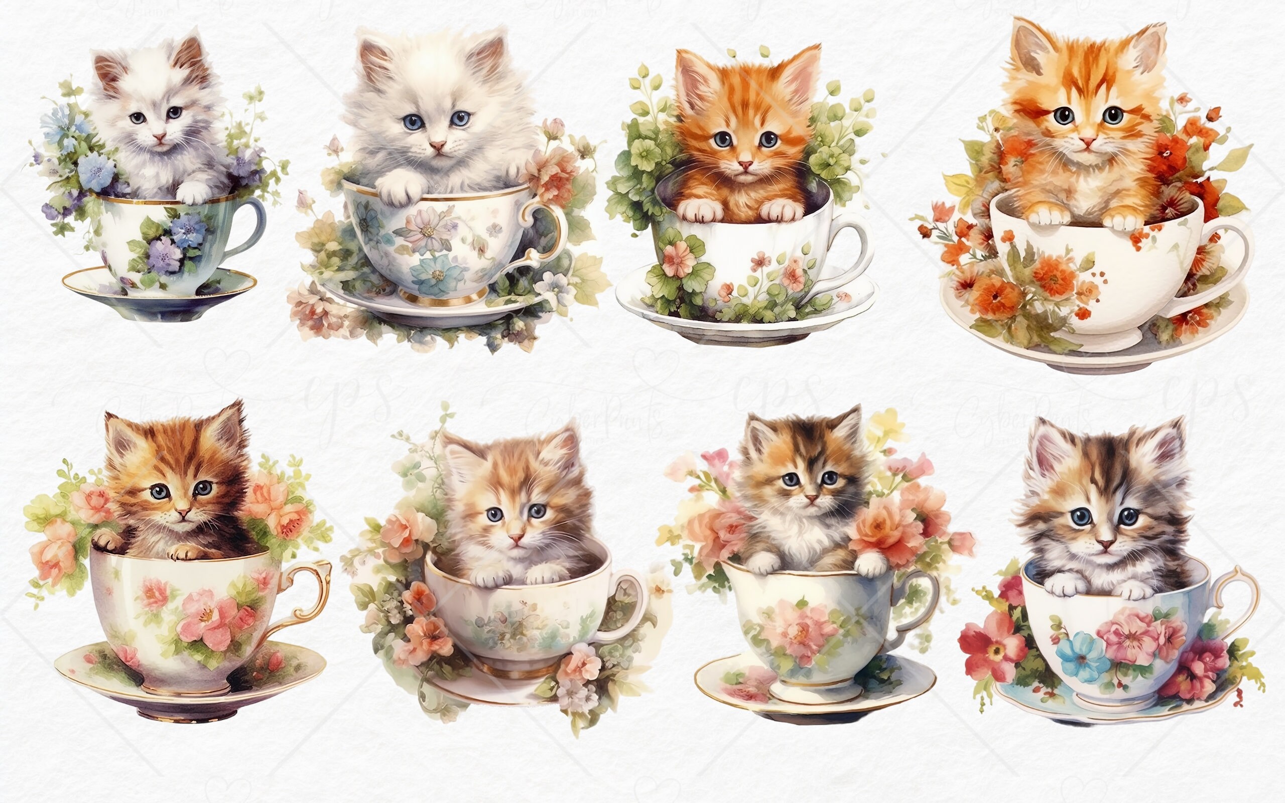 Watercolor Kitten in Teacup Clipart PNG Printable Floral Cat Tea Party ...