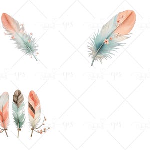 Boho Feather Clipart Bundle - 21 Watercolor PNG Plumes With Floral ...