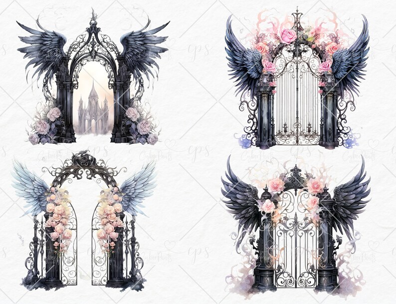 Watercolor Gothic Angel Gates Clipart - Ethereal Doors, Fantasy Heaven ...