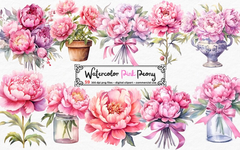 Watercolor Peony Clipart Pack Peonies in PNG Format Instant Download ...